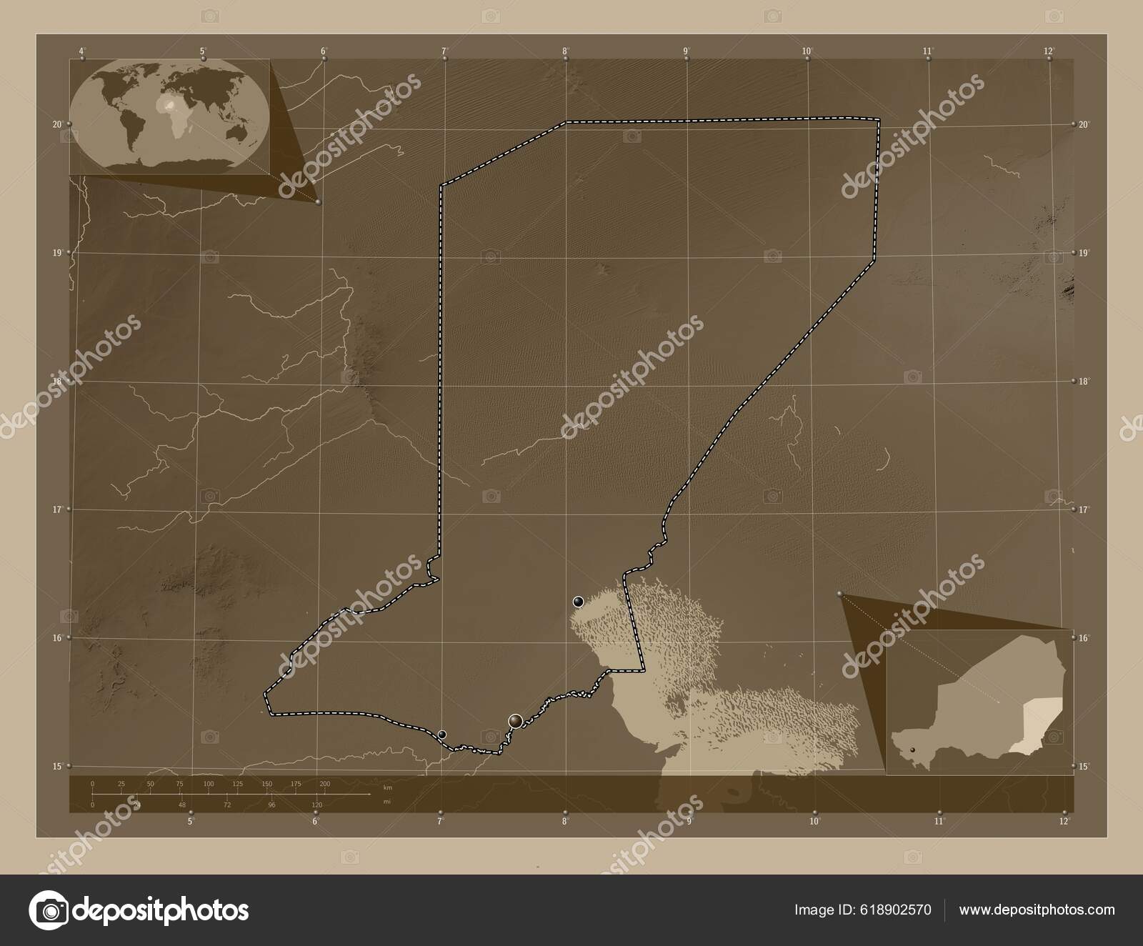 Diffa Department Niger Elevation Map Colored Sepia Tones Lakes Rivers ...