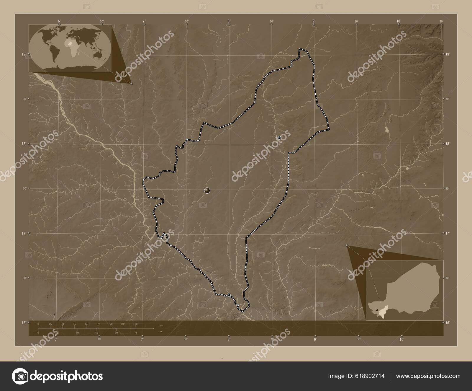 Dosso Department Niger Elevation Map Colored Sepia Tones Lakes Rivers ...