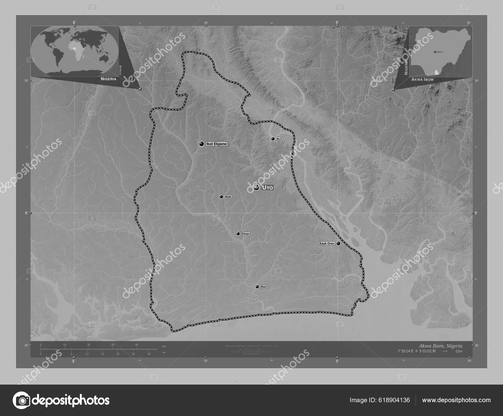 Akwa Ibom State Nigeria Grayscale Elevation Map Lakes Rivers Locations ...