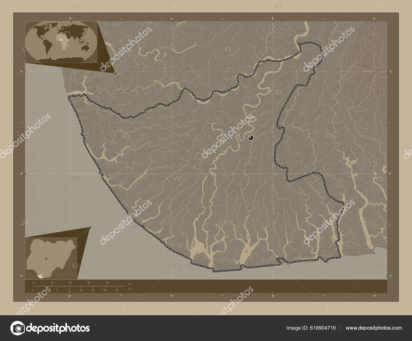 Bayelsa State Nigeria Elevation Map Colored Sepia Tones Lakes Rivers ...
