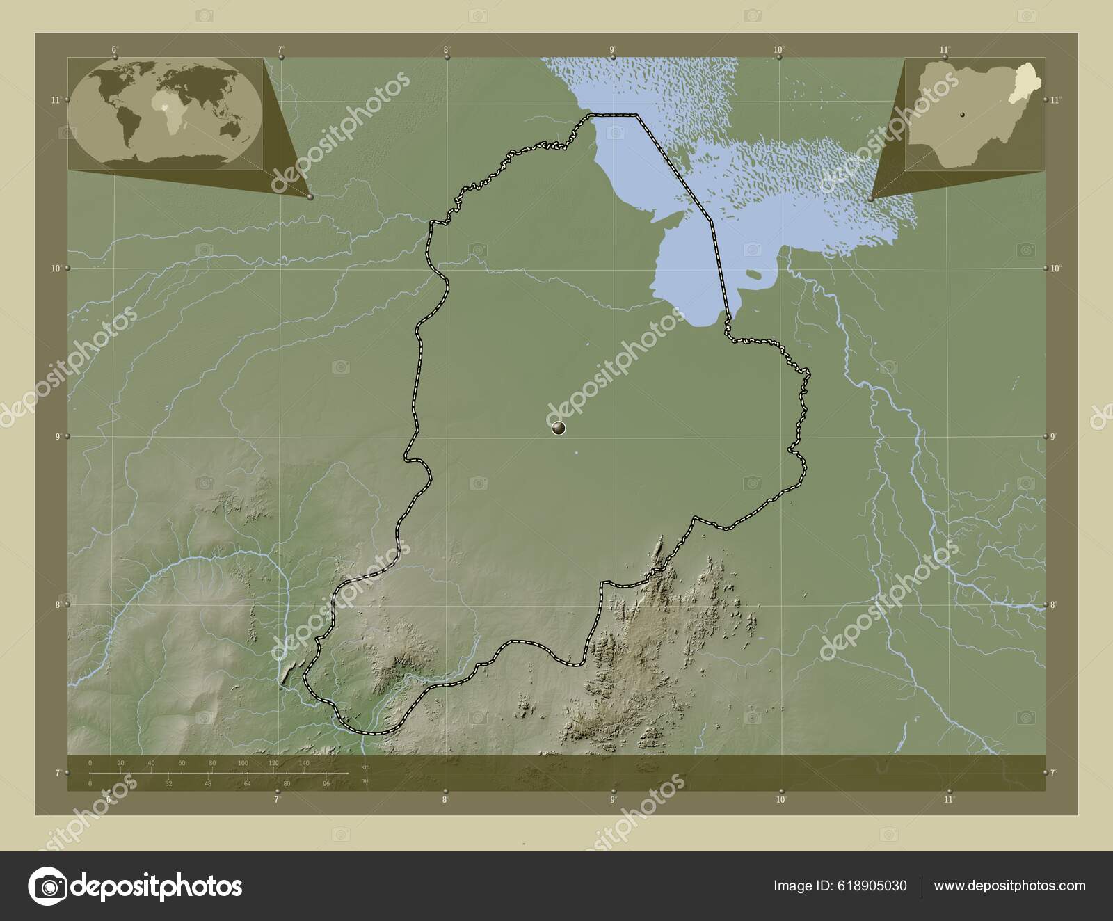 Borno State Nigeria Elevation Map Colored Wiki Style Lakes Rivers ...