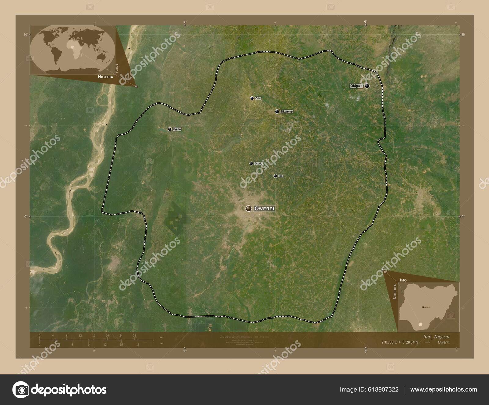 Imo State Nigeria Low Resolution Satellite Map Locations Names Major ...