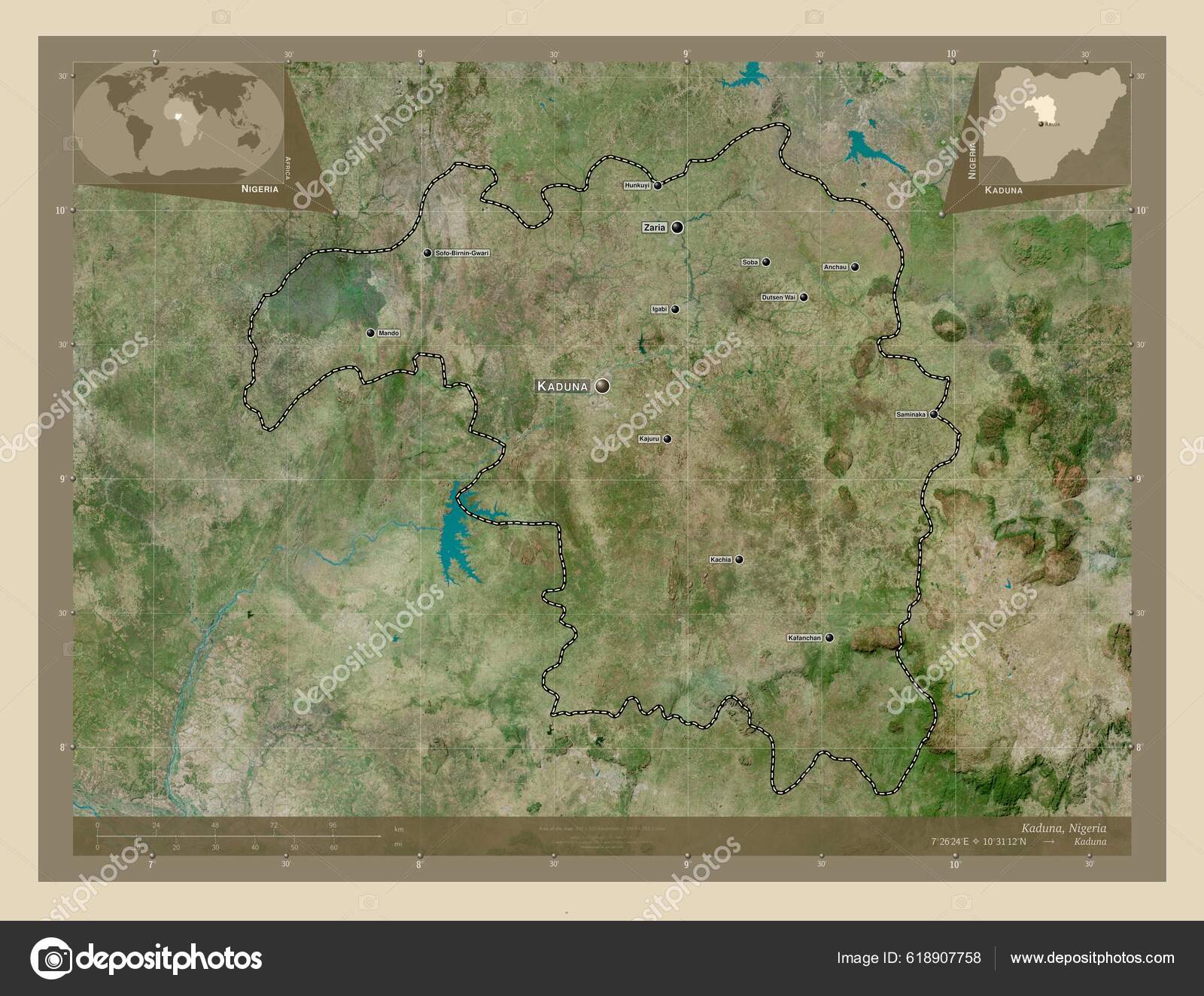 Kaduna State Nigeria High Resolution Satellite Map Locations Names ...