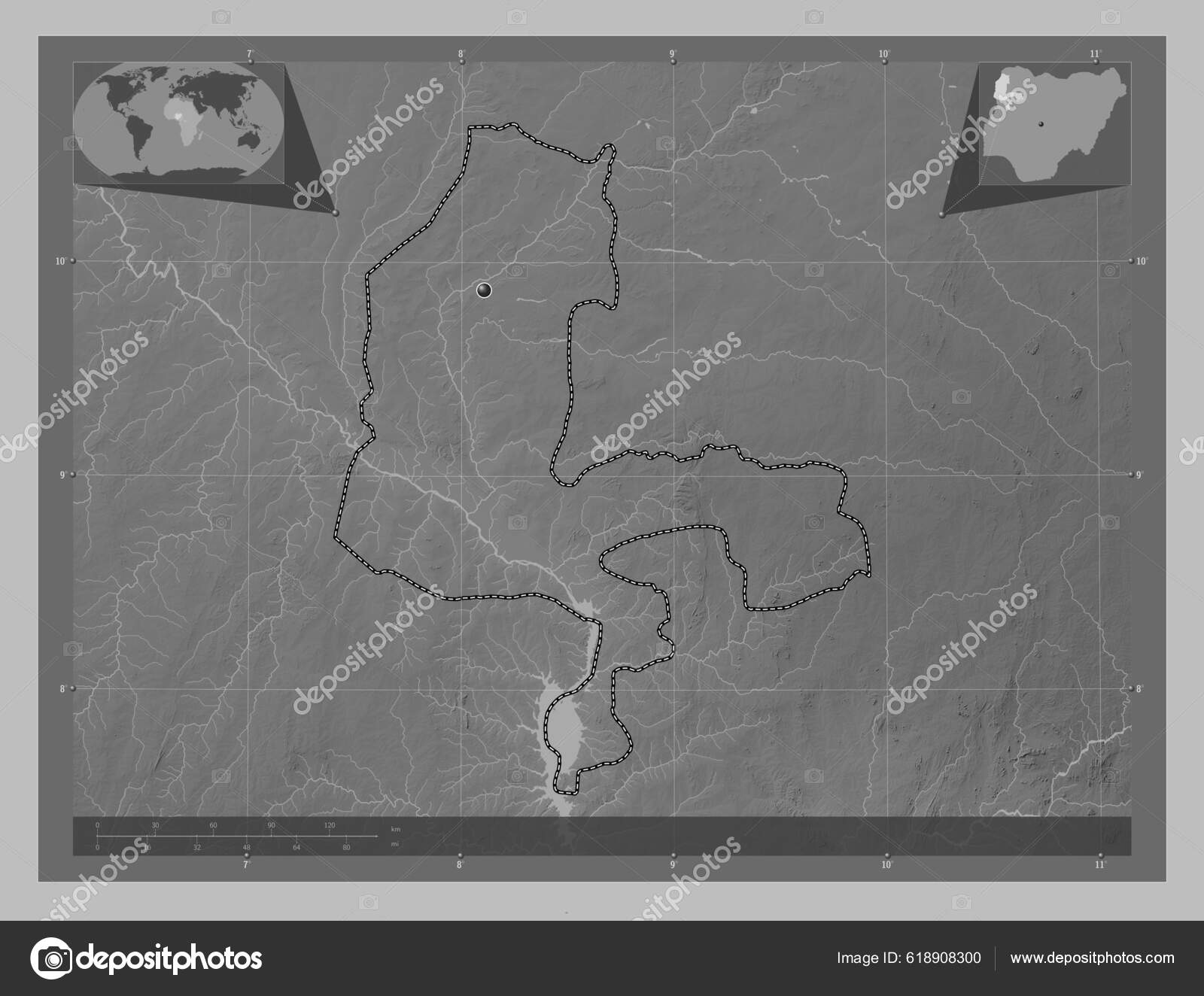 Kebbi State Nigeria Grayscale Elevation Map Lakes Rivers Corner ...