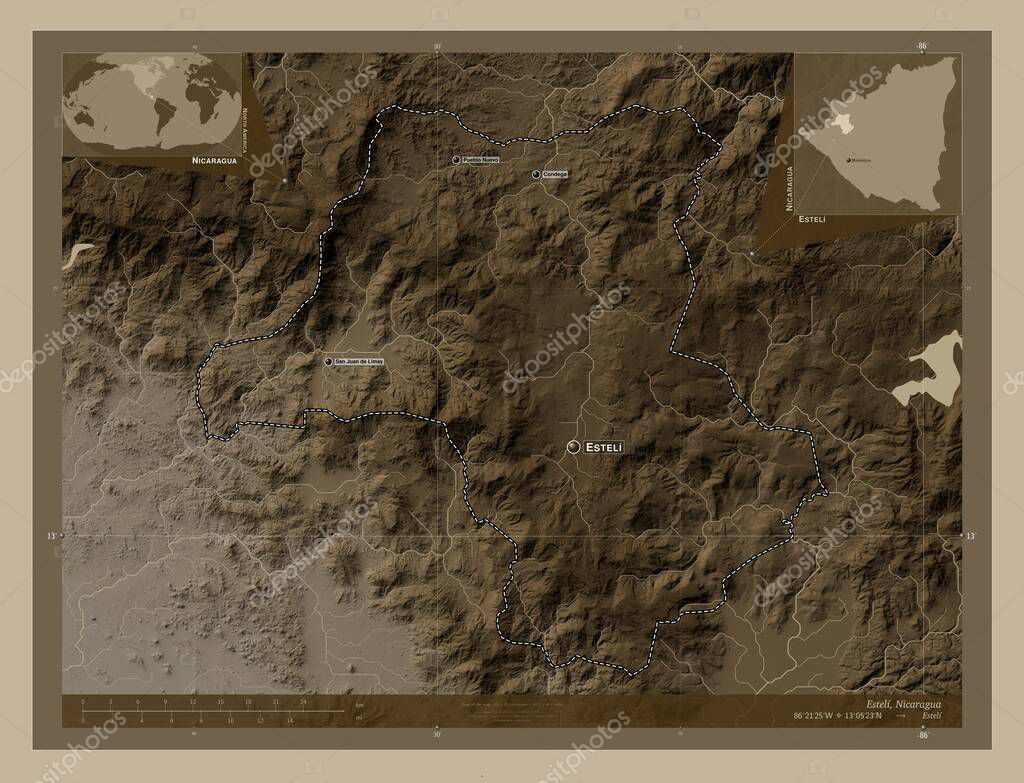 Esteli, departamento de Nicaragua. Mapa de elevación coloreado en tonos ...