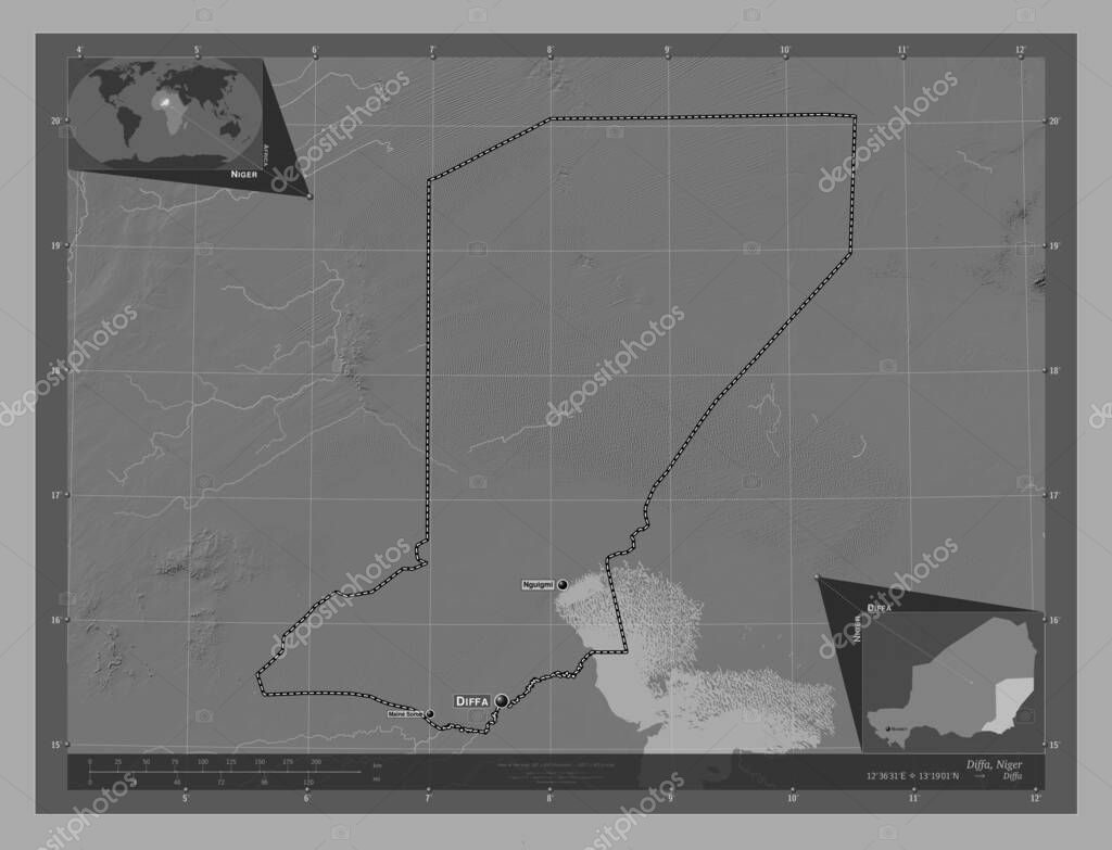 Diffa, departamento de Níger. Mapa de elevación de Bilevel con lagos y ...