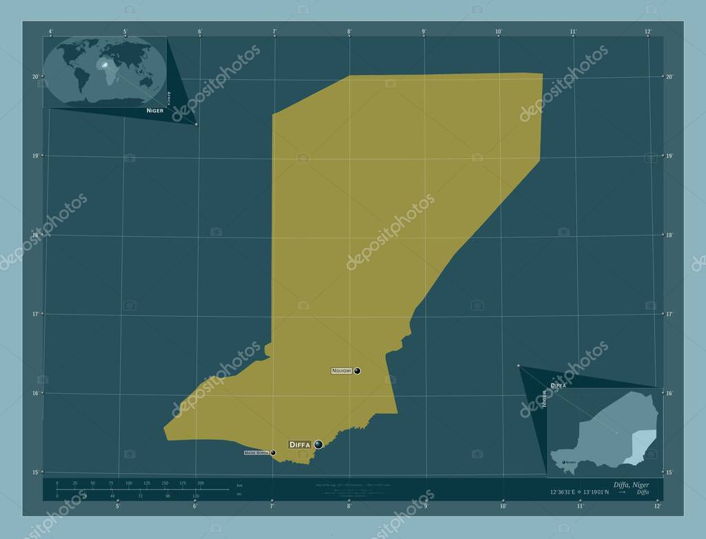 Diffa, departamento de Níger. Forma de color sólido. Ubicaciones y ...