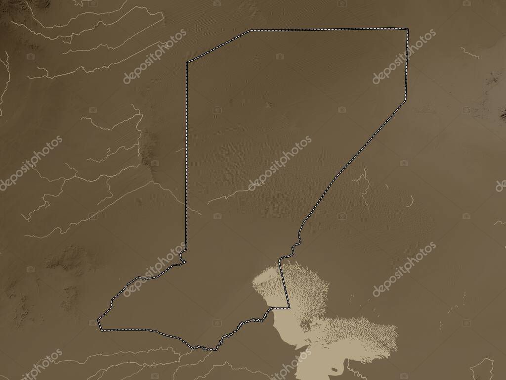 Diffa, departamento de Níger. Mapa de elevación coloreado en tonos ...