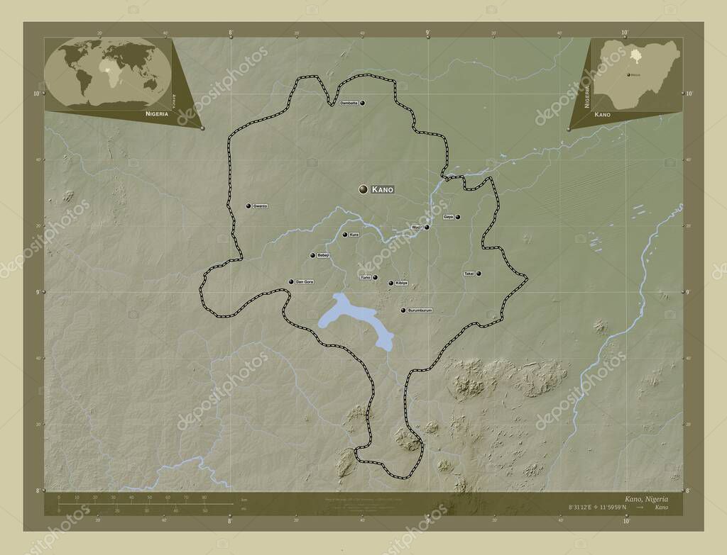 Kano, estado de Nigeria. Mapa de elevación coloreado en estilo wiki con ...