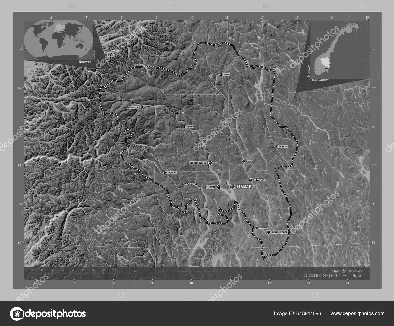 Innlandet County Norway Grayscale Elevation Map Lakes Rivers Locations ...