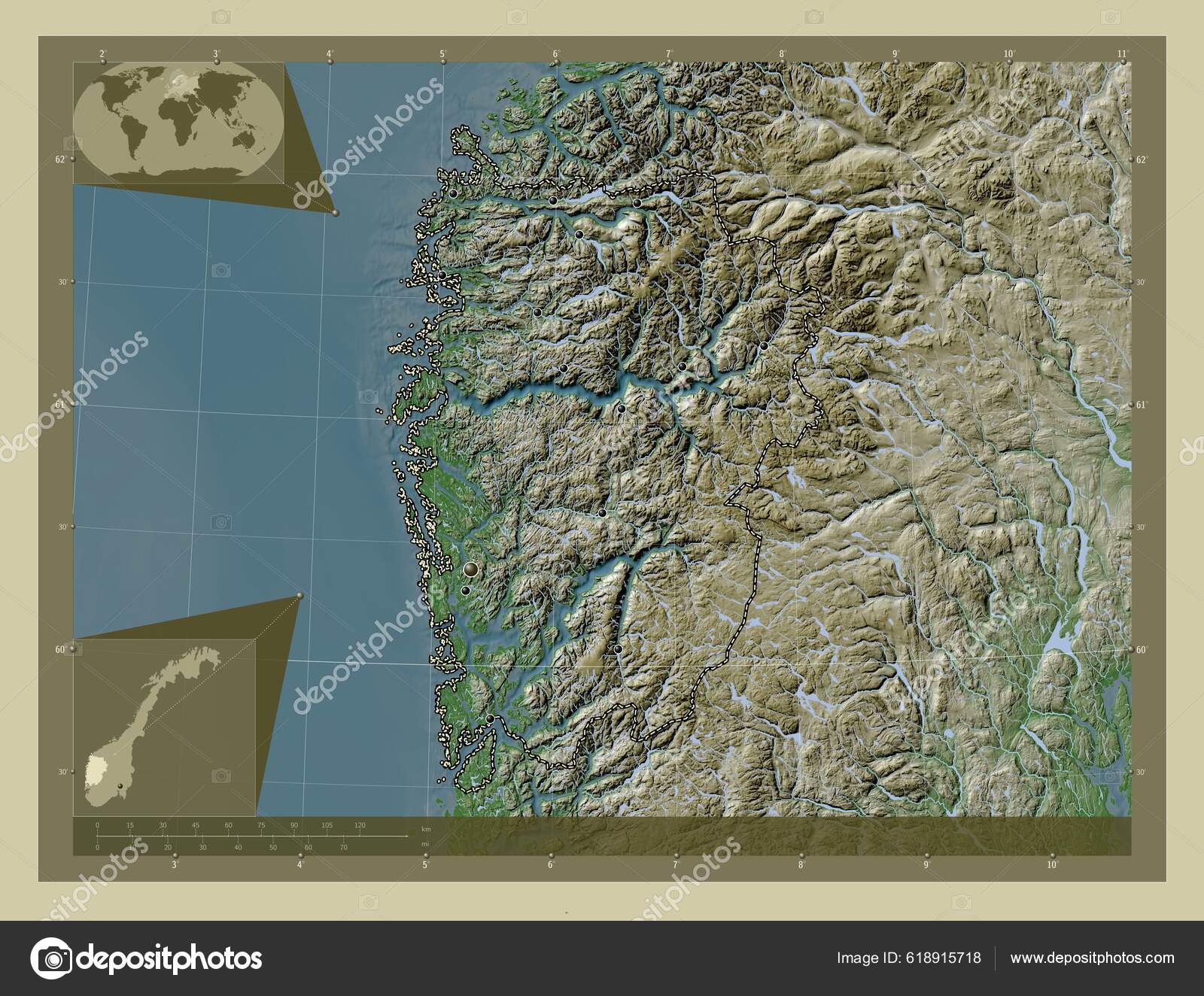 Vestland County Norway Elevation Map Colored Wiki Style Lakes Rivers — Stock Photo © Yarr65 ...