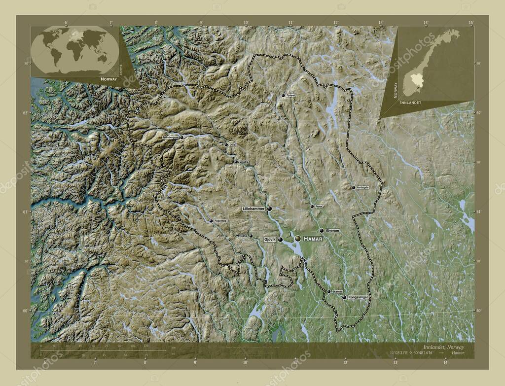 Innlandet, condado de Noruega. Mapa de elevación coloreado en estilo ...
