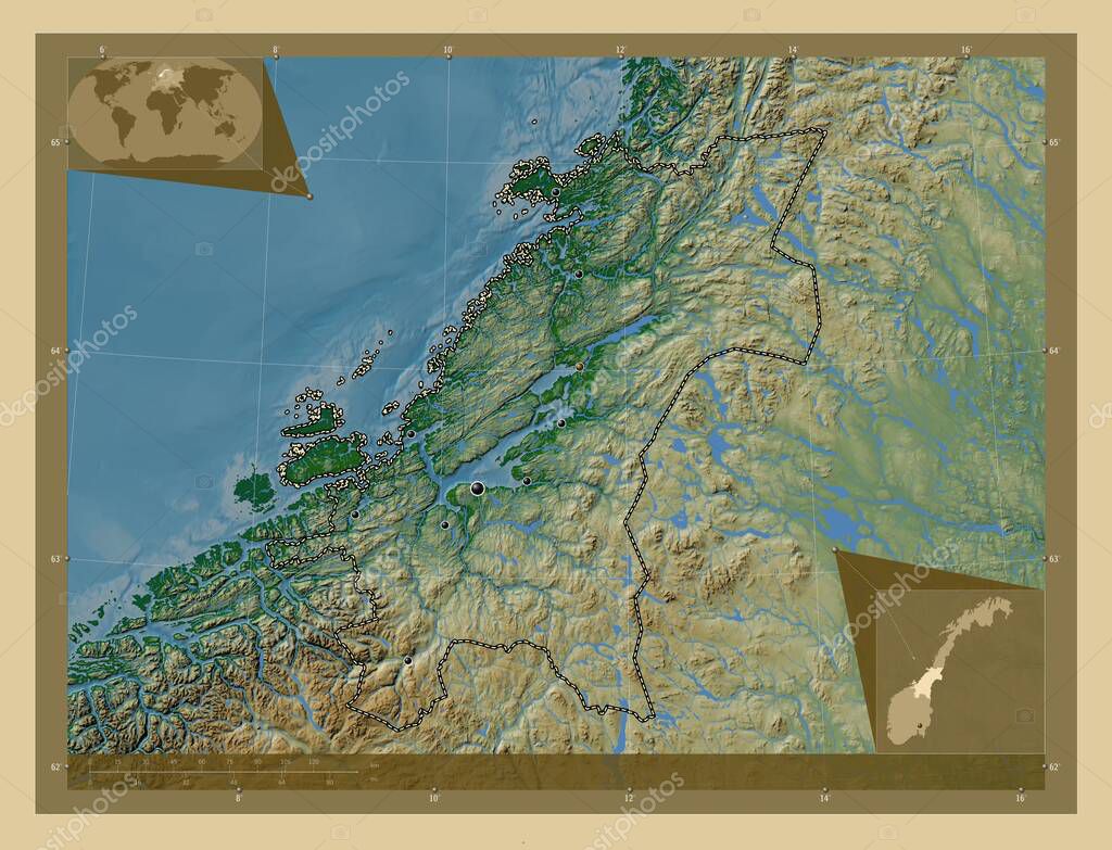 Trndelag, condado de Noruega. Mapa de elevación de colores con lagos y ...