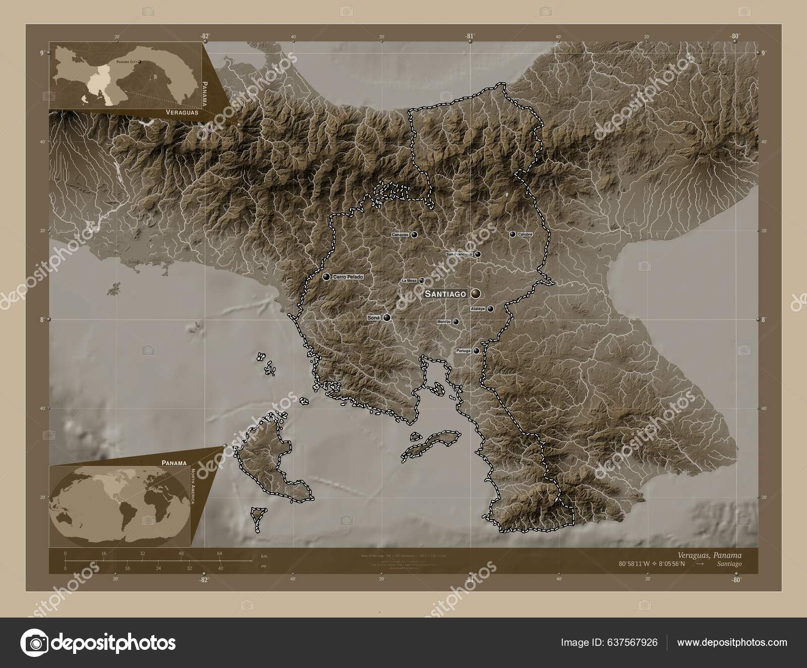 Veraguas Province Panama Elevation Map Colored Sepia Tones Lakes Rivers ...