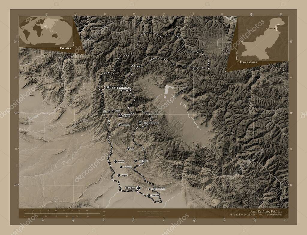 Azad Kashmir, centrally administered area of Pakistan. Elevation map ...