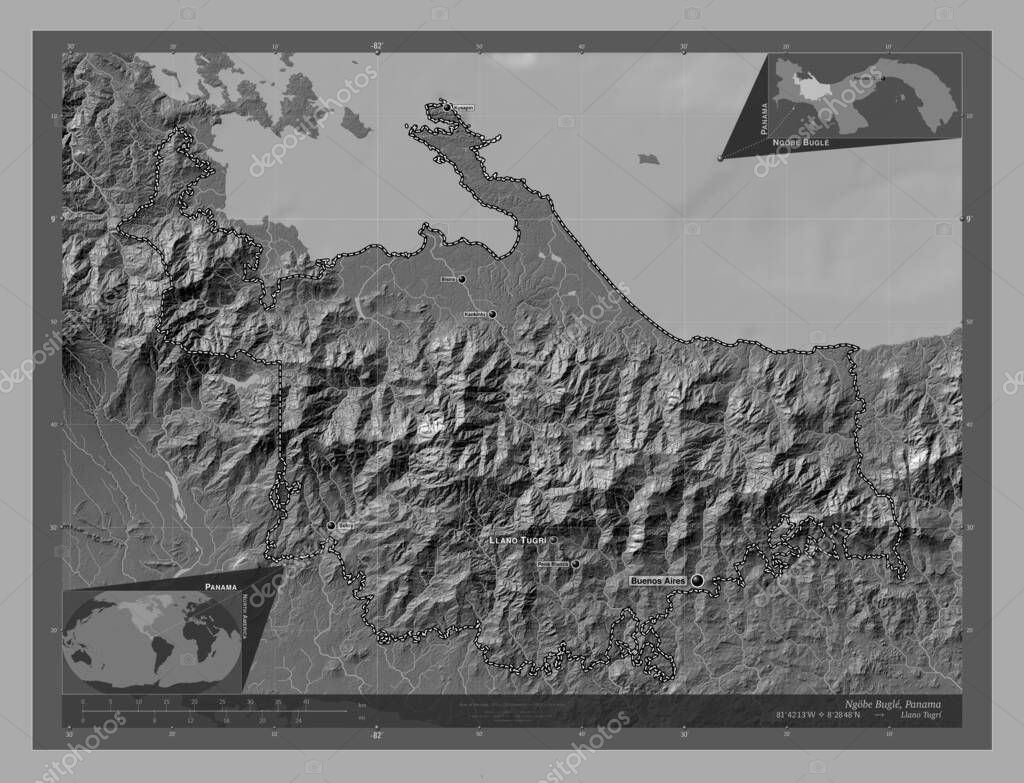 Ngobe Bugle, indigenous territory of Panama. Bilevel elevation map with ...