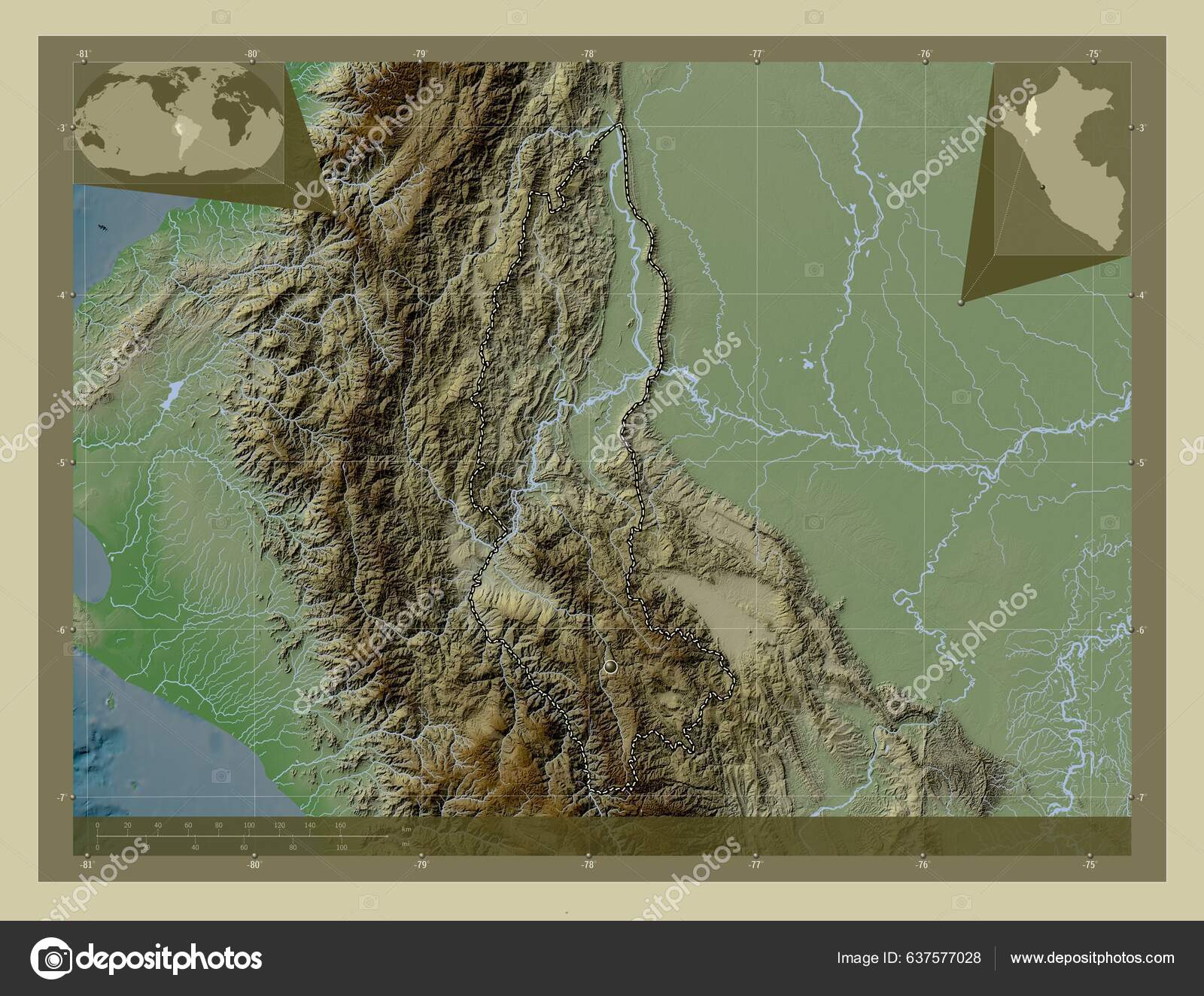 Amazonas Region Peru Elevation Map Colored Wiki Style Lakes Rivers ...
