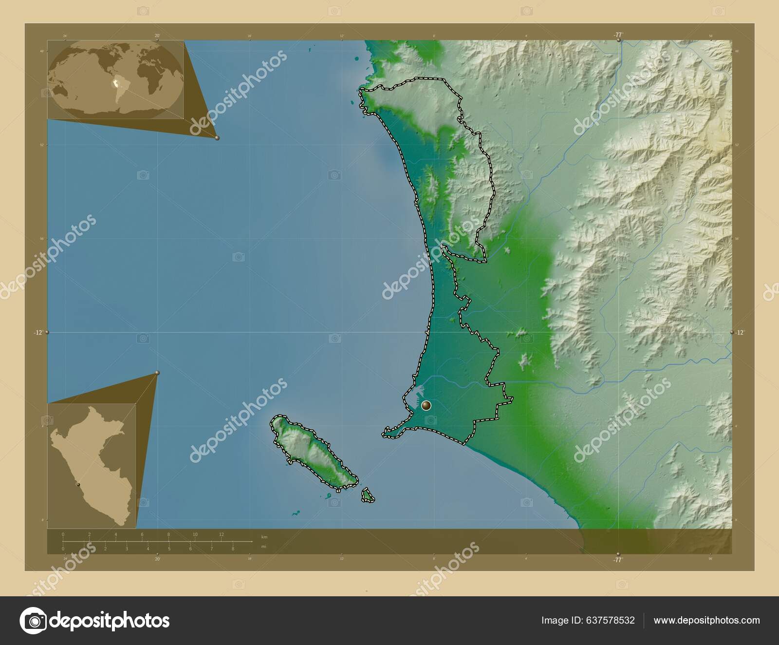Callao Province Peru Colored Elevation Map Lakes Rivers Corner ...
