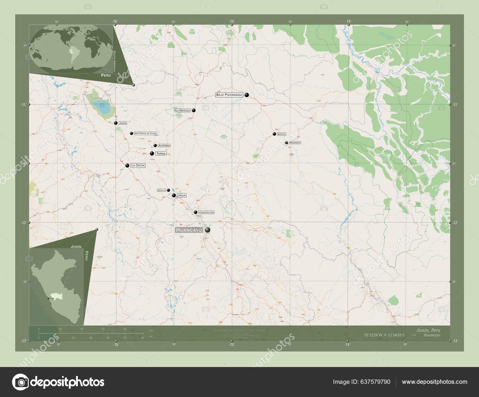 Junin Region Peru Open Street Map Locations Names Major Cities Stock ...