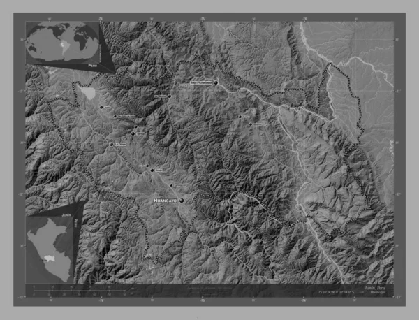 Junin, region of Peru. Bilevel elevation map with lakes and rivers ...