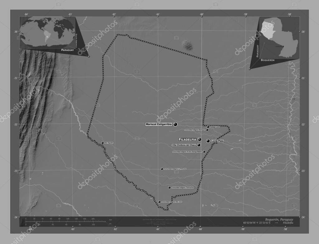 Boqueron, department of Paraguay. Bilevel elevation map with lakes and ...