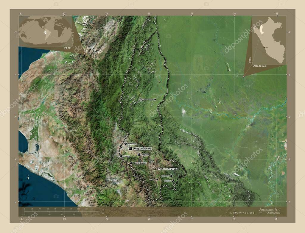 Amazonas, region of Peru. High resolution satellite map. Locations and ...