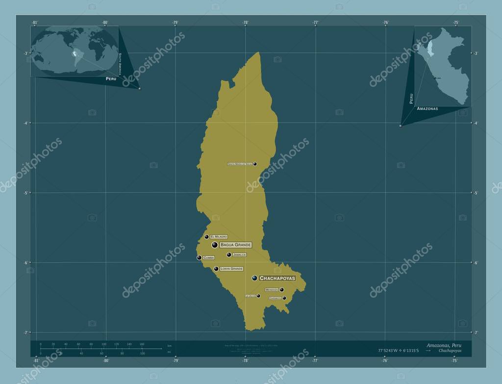 Amazonas, region of Peru. Solid color shape. Locations and names of ...