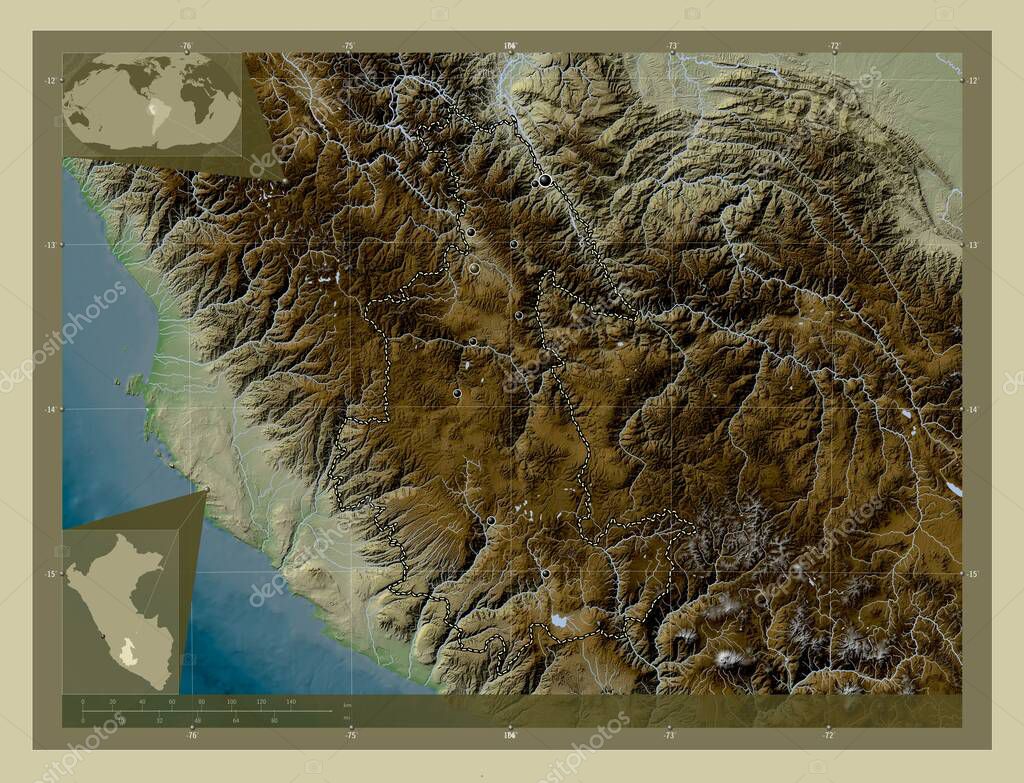Ayacucho, region of Peru. Elevation map colored in wiki style with lakes and rivers. Locations ...