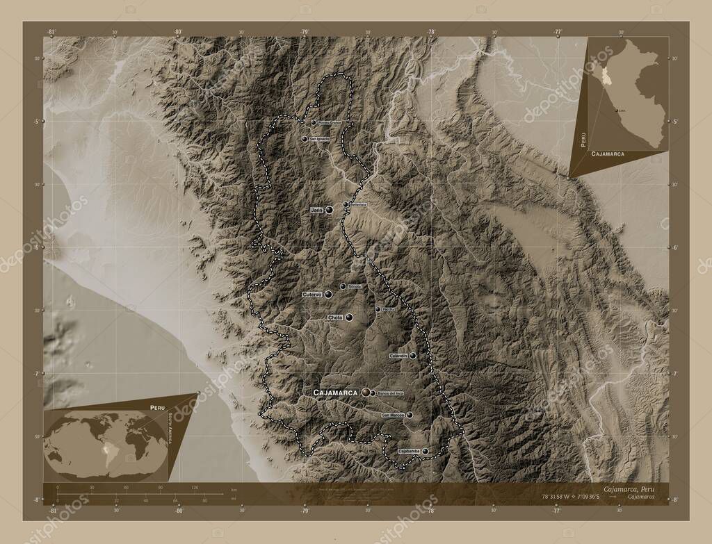 Cajamarca, región del Perú. Mapa de elevación coloreado en tonos sepia ...