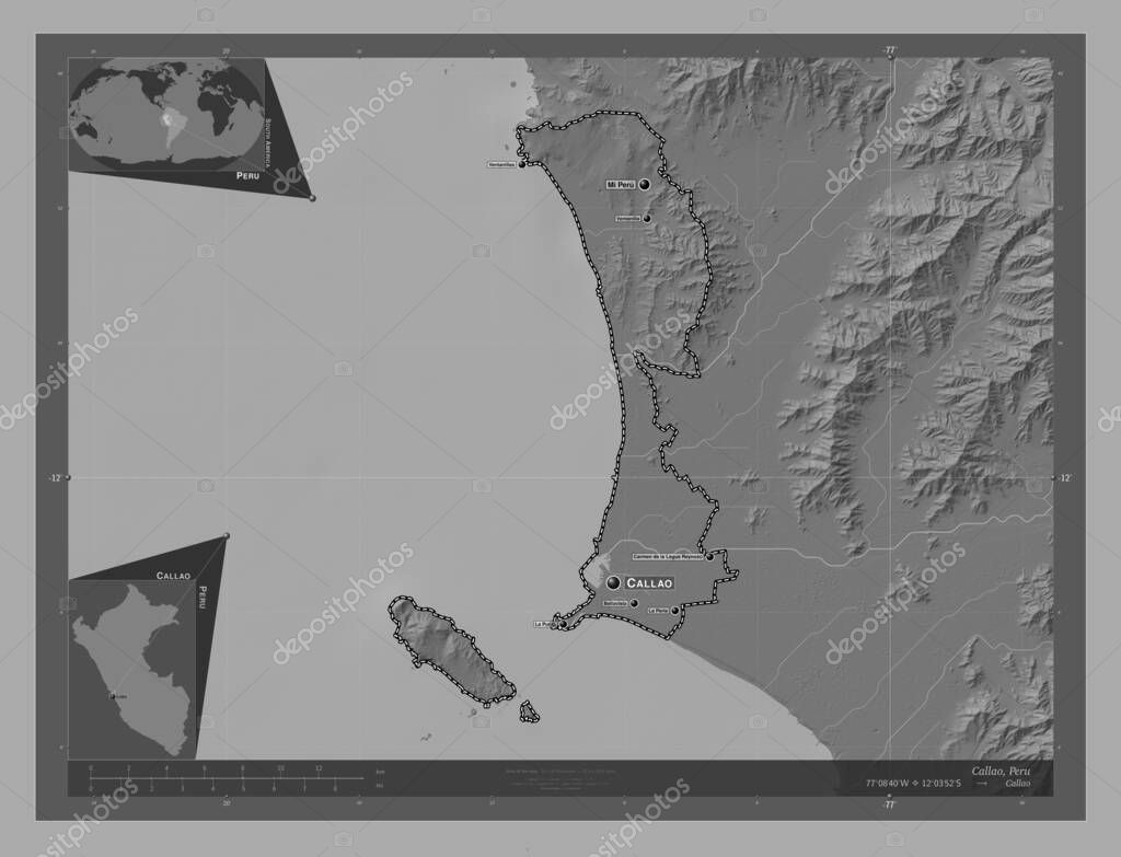 Callao, province of Peru. Bilevel elevation map with lakes and rivers ...
