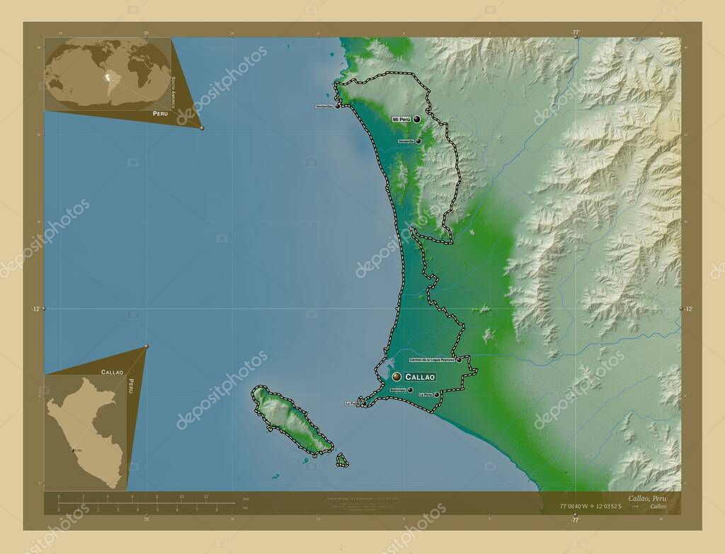 Callao, province of Peru. Colored elevation map with lakes and rivers ...