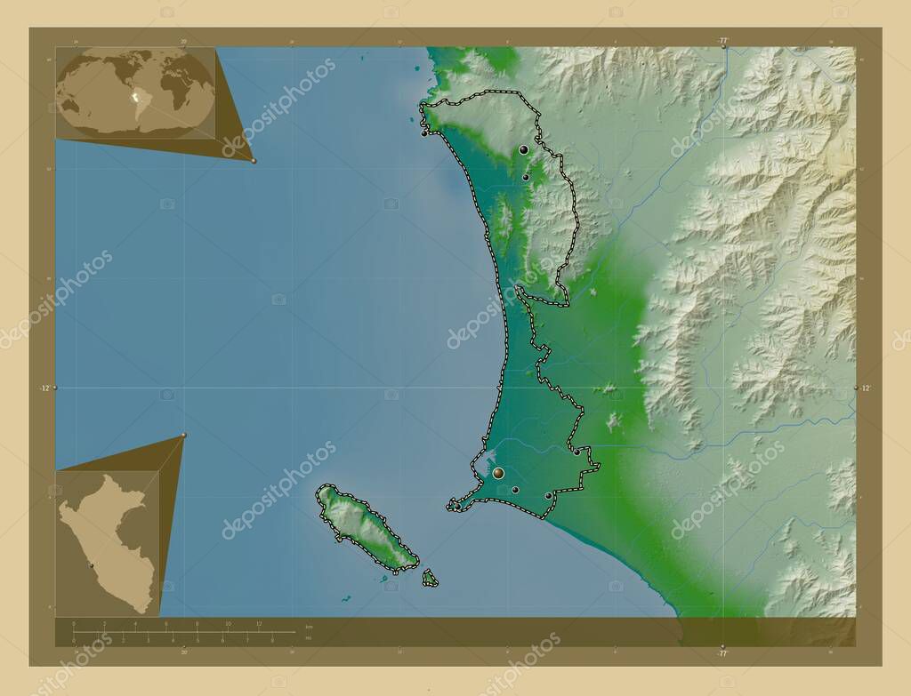 Callao, province of Peru. Colored elevation map with lakes and rivers ...