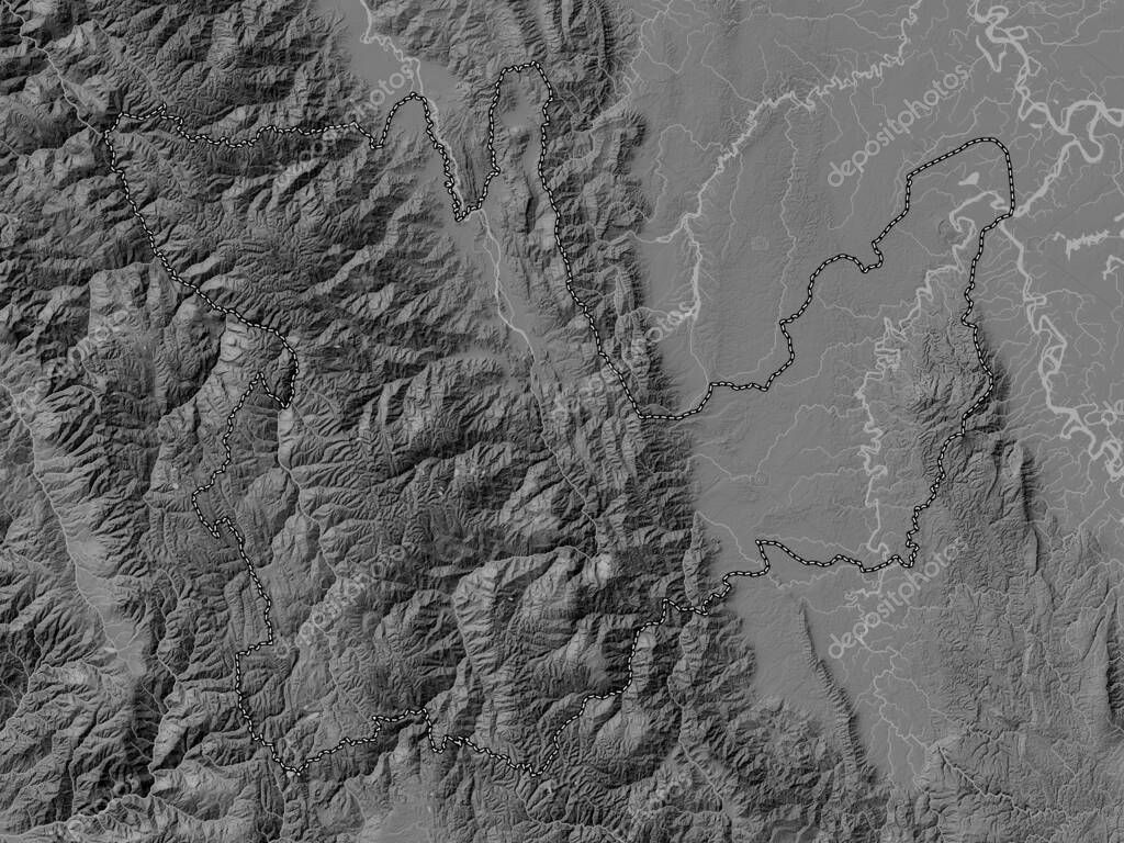 Huanuco, región de Perú. Mapa de elevación de Bilevel con lagos y ríos 2023