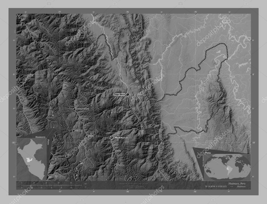 Huanuco, región de Perú. Mapa de elevación a escala de grises con lagos ...