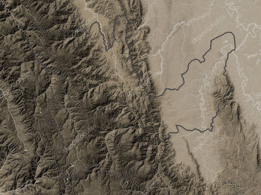 Huanuco, región de Perú. Mapa de elevación coloreado en tonos sepia con ...
