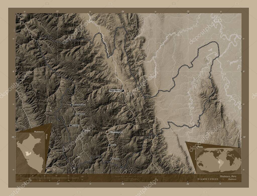 Huanuco, region of Peru. Elevation map colored in sepia tones with ...
