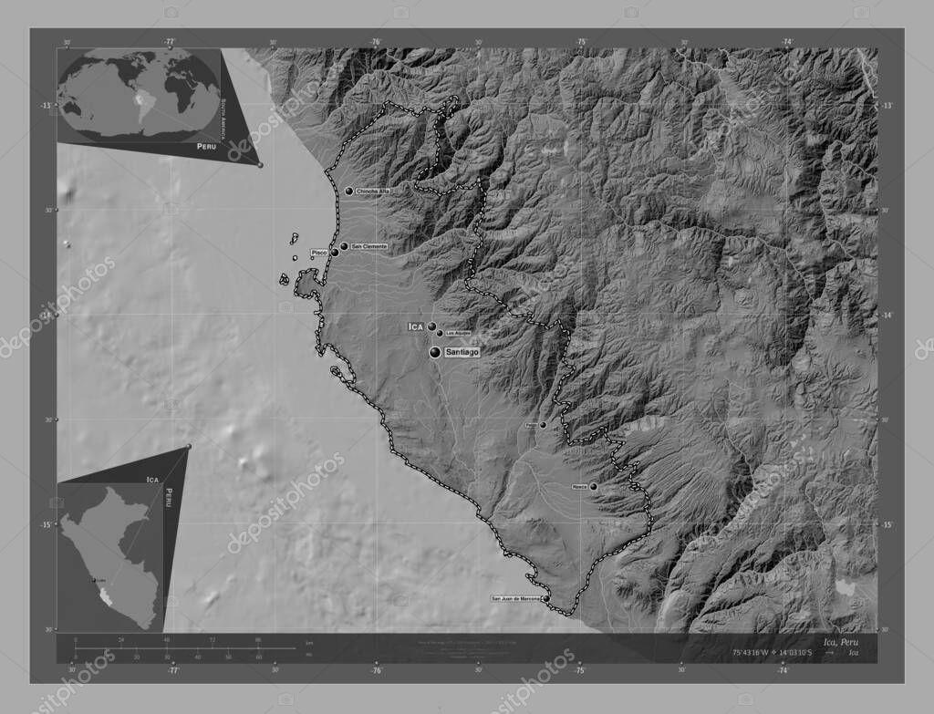 Ica, region of Peru. Bilevel elevation map with lakes and rivers ...