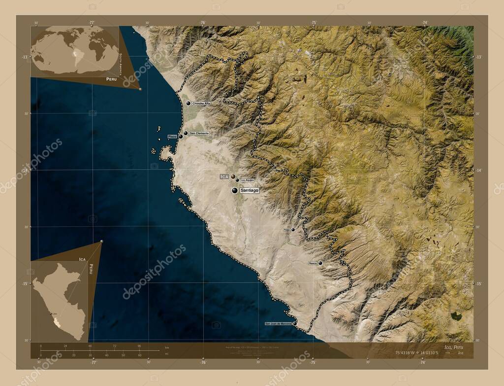 Ica, region of Peru. Low resolution satellite map. Locations and names ...