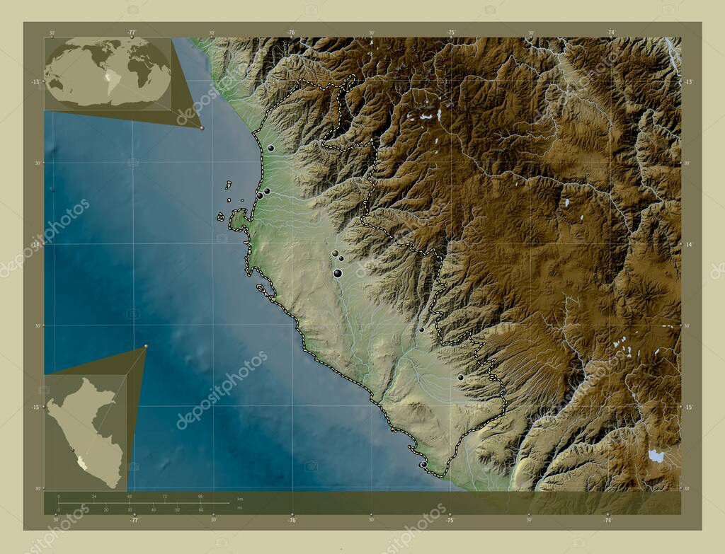 Ica, region of Peru. Elevation map colored in wiki style with lakes and ...