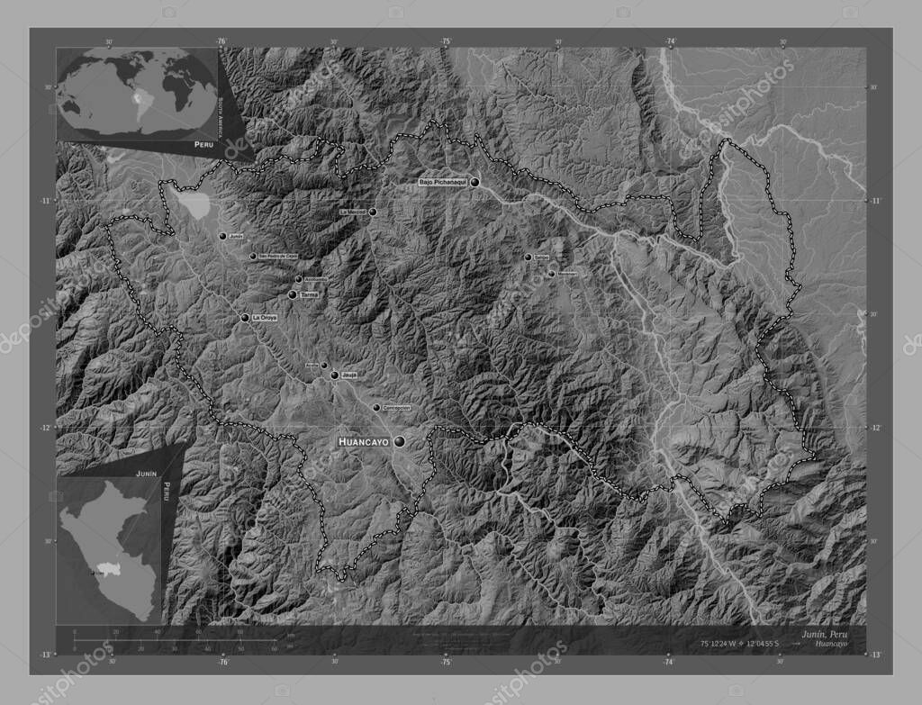 Junin, region of Peru. Bilevel elevation map with lakes and rivers ...
