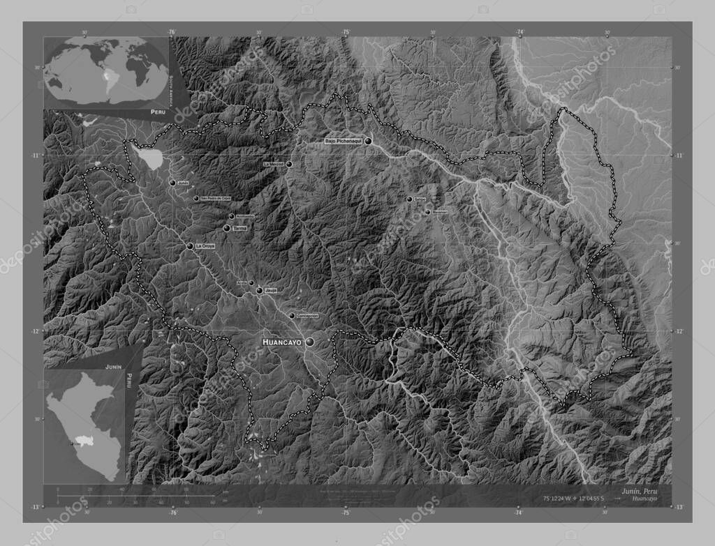 Junin, region of Peru. Grayscale elevation map with lakes and rivers ...