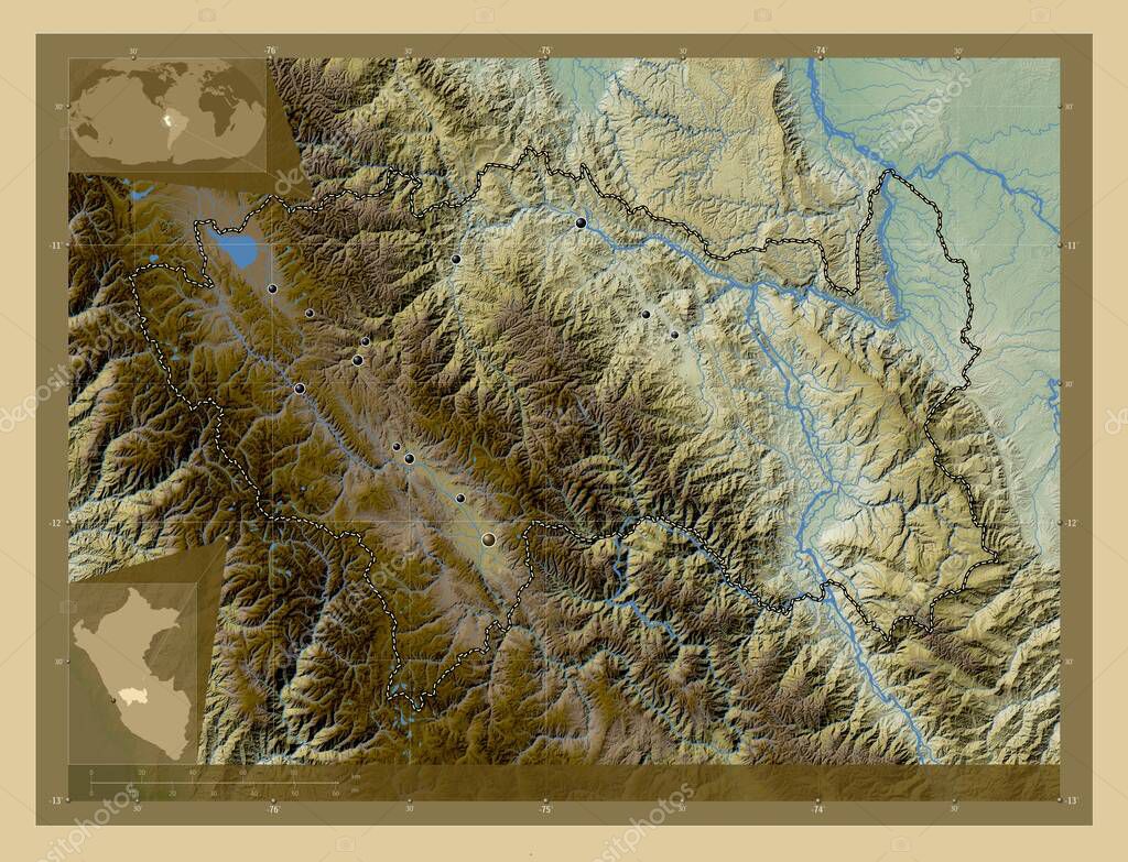 Junin, region of Peru. Colored elevation map with lakes and rivers ...