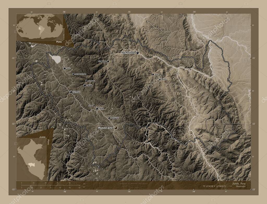 Junin, region of Peru. Elevation map colored in sepia tones with lakes ...