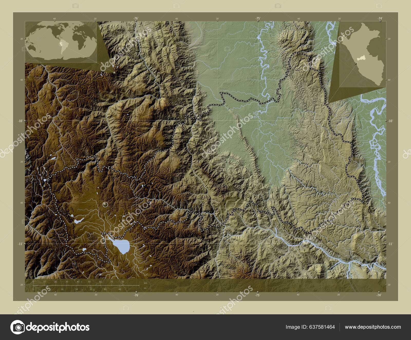 Pasco Region Peru Elevation Map Colored Wiki Style Lakes Rivers Stock ...