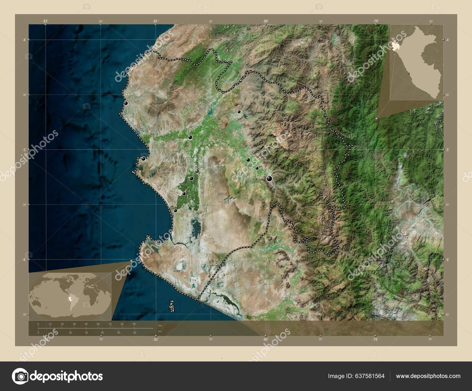 Piura Region Peru High Resolution Satellite Map Locations Major Cities ...