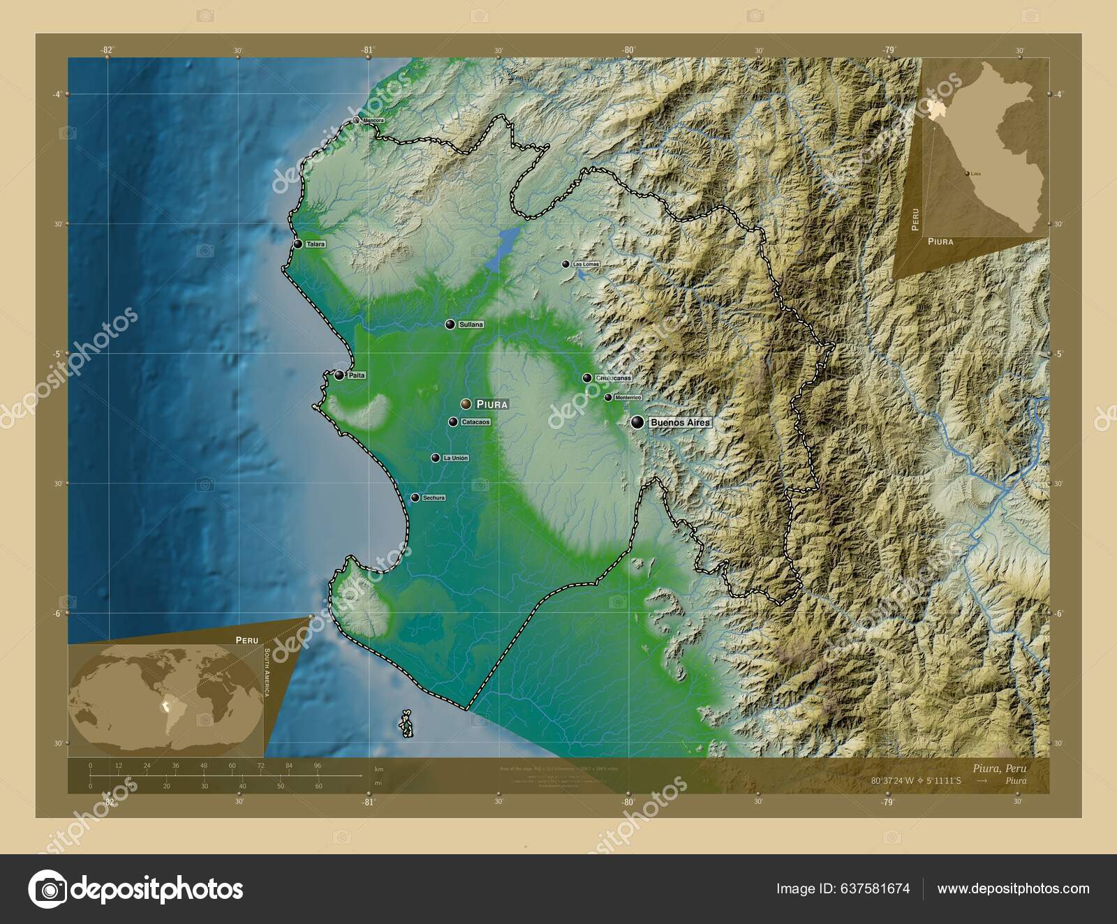 Piura Region Peru Colored Elevation Map Lakes Rivers Locations Names ...