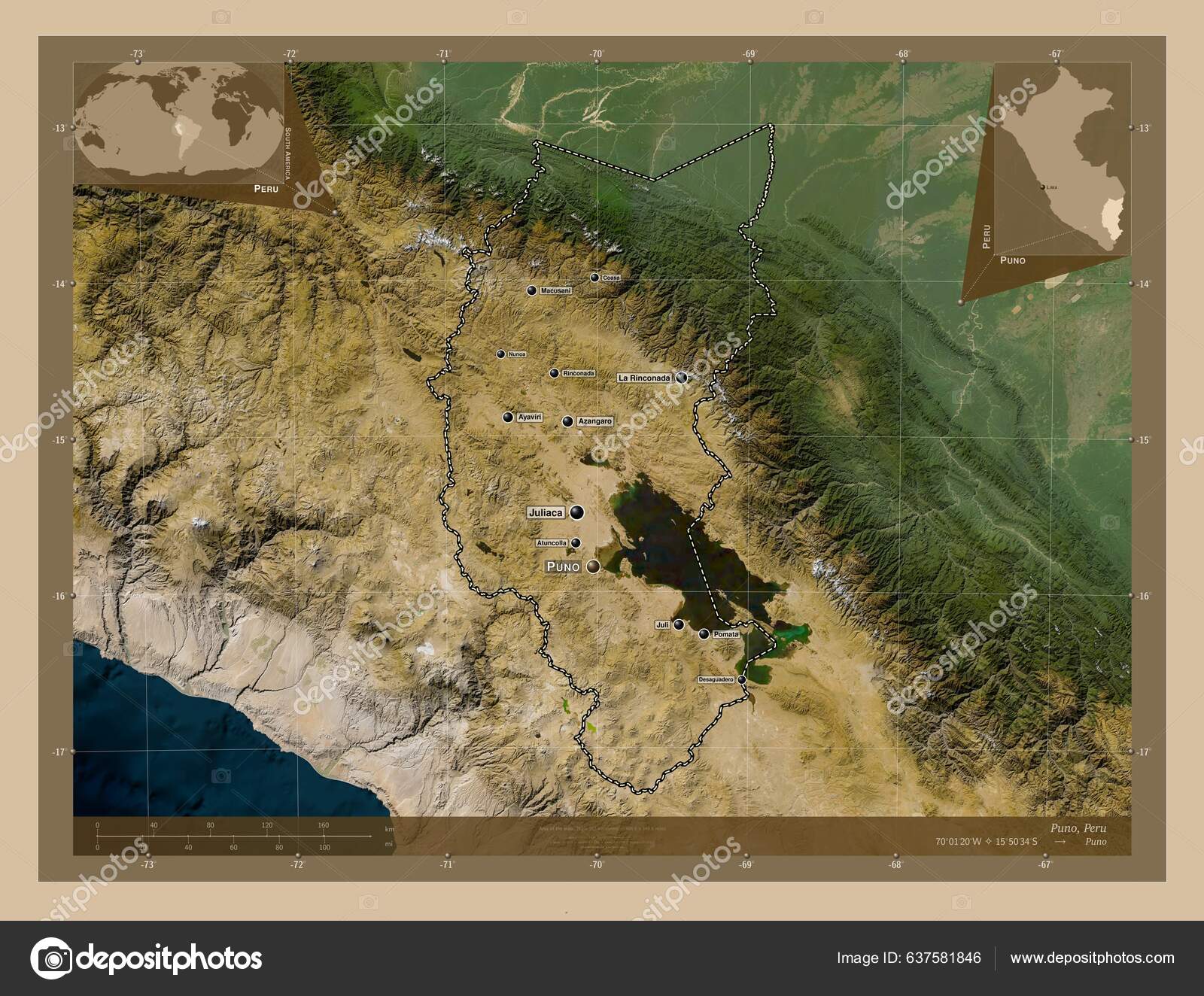 Puno Region Peru Low Resolution Satellite Map Locations Names Major ...
