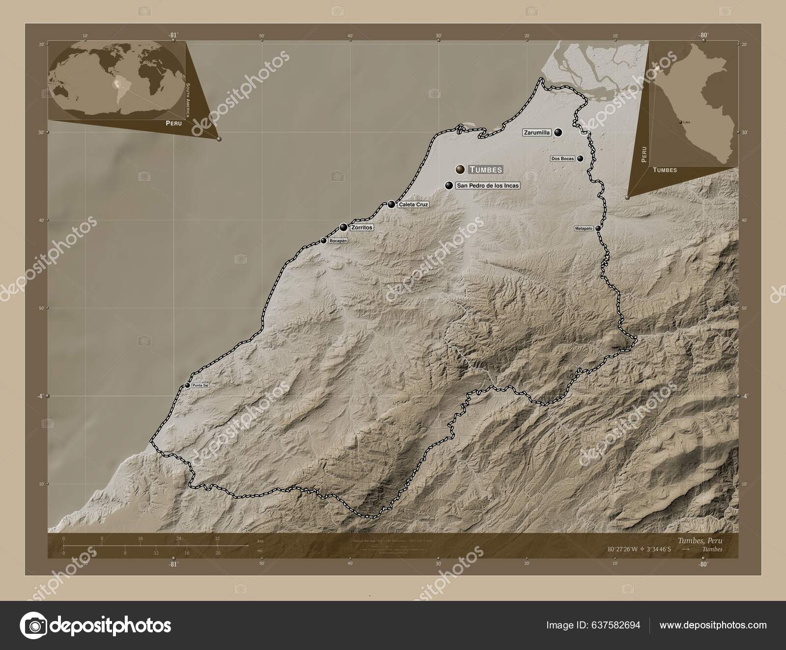 Tumbes Region Peru Elevation Map Colored Sepia Tones Lakes Rivers ...