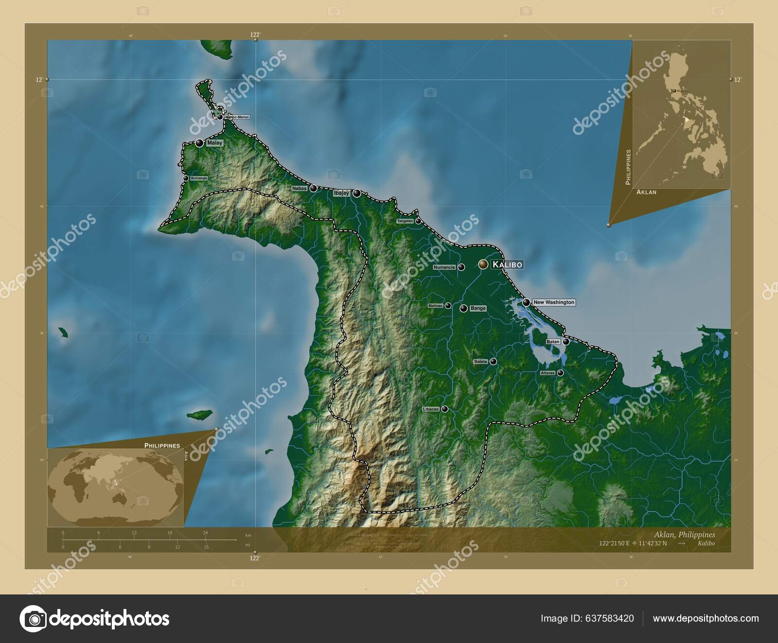Aklan Province Philippines Colored Elevation Map Lakes Rivers Locations ...