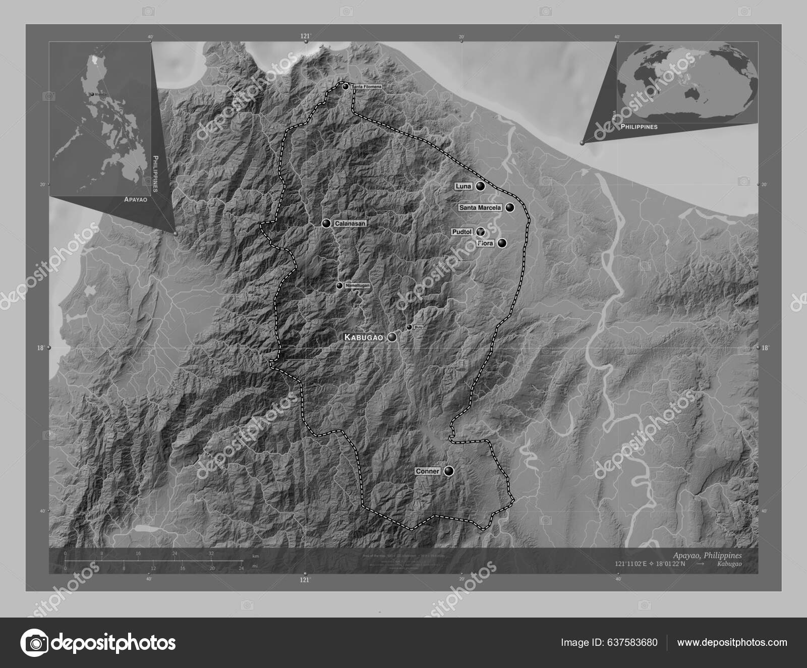 Apayao Province Philippines Grayscale Elevation Map Lakes Rivers ...
